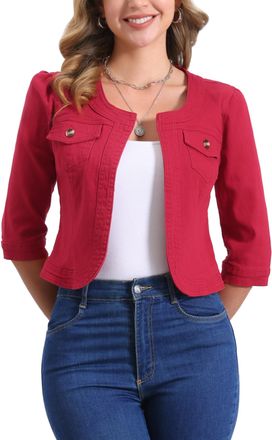 Allegra K Damen Jeansjacke 3/4 &Auml;rmel Open Front Kragenlos Jacke mit Taschen Rot XL