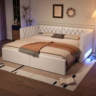 Generic Ausziehbares Tagesbett und beige gepolstert. Geht von 90x200 cm bis 180x200 cm im Doppelbett. Ausgestattet mit integrierter LED-Beleuchtung. (Ohne Mat