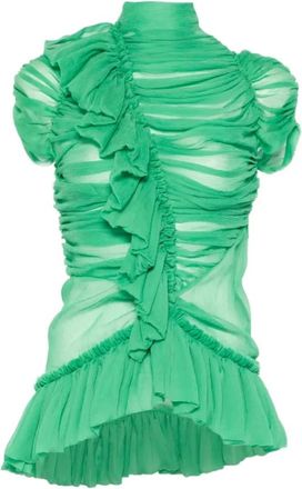 Dries Van Noten Femme, Blouses et Chemises, Vert, Taille: 40 FR Haut en Soie &agrave; Volants