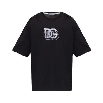 Dolce & Gabbana Schwarzes Baumwoll-T-Shirt mit Logo-Stickerei - - Tops - Herren - Schwarzk - L