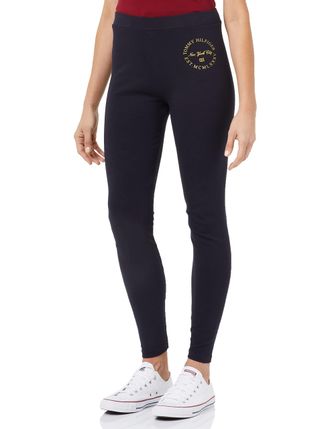 Tommy Hilfiger Damen Slim METALLIC ROUNDALL WW0WW37418 Leggings, Blau (Desert Sky), XXS