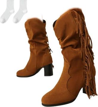 Generic Bottes Mi-Mollet Pour Femmes Avec Talon Carr&eacute;, Bottes D&eacute;quitation Tendance Aspect Daim Avec Design Pliss&eacute; Et Franges, Bottes Confortables &Agrave; Enfiler Po