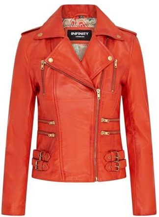 Infinity Leather Veste Motard Rétro Orange 100% Cuir Nappa Pour Femme