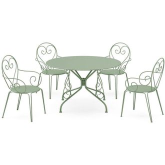 Vente-Unique Salle &agrave; manger de jardin en m&eacute;tal fa&ccedil;on fer forg&eacute; : une table D.120cm et 4 fauteuils empilables - Vert amande - GUERMANTES de MYLIA