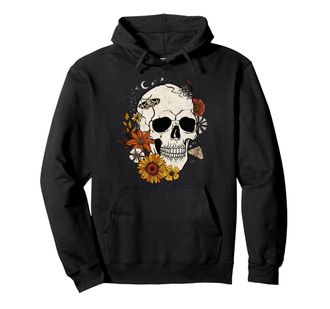 Trendy Apparel Skull Surrounded with Flowers and Moths Pullover Hoodie
