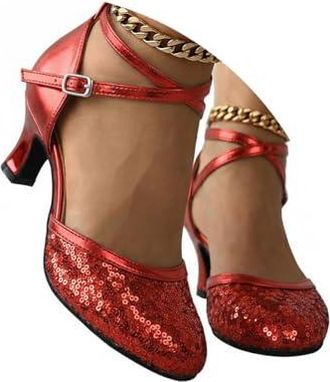 Minetom Chaussures De Danse Latine Femme Paillettes Bout Ferm&eacute; Salsa Tango Bachata Soir&eacute;es Salon Sandale A Rouge 37 EU
