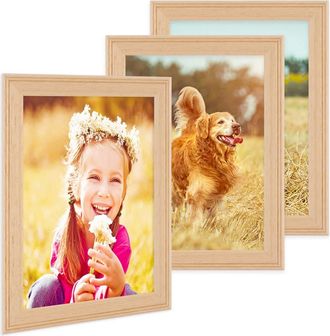 Photolini Bilderrahmen 15x20 cm Holz Natur Landhaus-Stil, 3er Set Holz-Rahmen, Made in Germany, Echtglas, zum Aufhängen & Aufstellen, mit Zubehör - perfekt für 