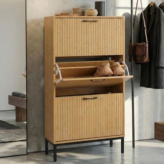 Mendler Schuhkipper HWC-P48, Schuhregal Schuhschrank, 3 Kippf&auml;cher Ablage MDF Melamin 125x60x25cm - Bambus-Optik