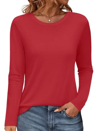 Onsoyours Damen Rundhals Tshirt Langarm Pullover Herbst Winter Oberteile Einfarbig Basic Longshirt Tops A Rot XXL