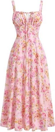 Ibtom EFOGEP Robe Midi à Corset Floral pour Femmes Robe dété Boho Robe sans Manches à Bretelles Trapèze à Encolure Carrée Fendue Dentelée Robe de Plage Déco