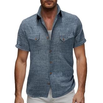 Generic Chemise en lin boutonn&eacute;e &agrave; manches courtes pour homme - Couleur unie - Deux poches - Chemise de travail urbaine &eacute;l&eacute;gante vintage d&eacute;contract&eacute;e et de tr