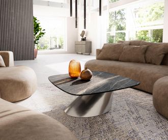 DELIFE Couchtisch Edge Boot 90x90 cm Keramik Laminam Noir Desir Braun Conis Edelstahl geb&uuml;rstet, Couchtische