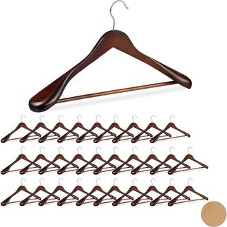 Relaxdays 30 x Anzug Kleiderb&uuml;gel im Set, breite Schulter, 360&deg; drehbarer Haken, B&uuml;gel mit Hosenstange, Holzkleiderb&uuml;gel, braun