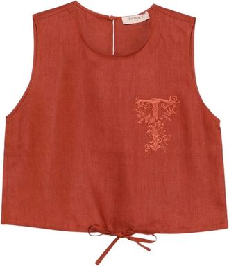 Twinset Femme, Tops, Brun, Taille: 38 FR Crop Top Brod&eacute; Sans Manches