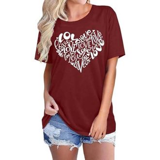 Generic T-shirt d&eacute;contract&eacute; &agrave; manches courtes pour femme avec imprim&eacute; coeur pour la Saint-Valentin 2026 (3), rouge brique, 3XL