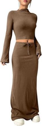 Generic Ensemble de survêtement 2 pièces pour femme - Confortable à manches longues - Haut ajusté et jupe longue - Tendance - Vacances - Voyage - Tenue élégan