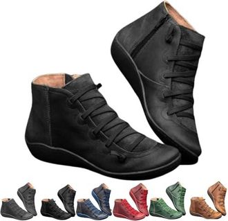 Generic Bottines pour femme sans talon, soutien de la vo&ucirc;te plantaire, confortables &agrave; lacets, bottines plates larges orthop&eacute;diques &agrave; fermeture &eacute;clair lat&eacute;rale