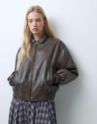 Asos bomber oversize effet cuir marron d&eacute;lav&eacute;
