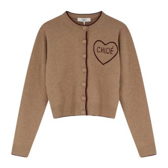 Chlo&eacute; Femme, Pulls, Brun, Taille: 42 FR Cardigan en maille ajust&eacute; avec logo