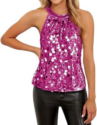 Generic D&eacute;bardeur &agrave; paillettes pour femme sans manches &agrave; paillettes scintillantes fronc&eacute;es et brillantes, rose vif, XXL