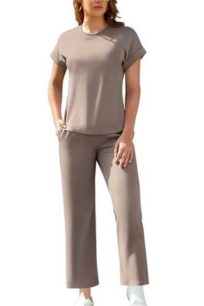 SHEKINI Surv&ecirc;tement pour femme, &agrave; manches courtes, col rond, couleur unie, 2 pi&egrave;ces, tenue d&eacute;contract&eacute;e, avec poches, marron, XXL