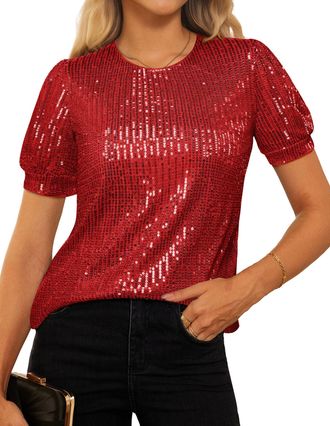 Grace Karin Festliches Top Pailletten Glitzer Oberteile Damen f&uuml;r Party Abend Rot XL