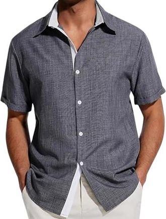 Generic Chemise en coton et lin pour homme - Haut boutonn&eacute; &agrave; manches courtes - Col &agrave; revers tendance - Coupe ample - Confortable - Respirant - V&ecirc;tements de pl