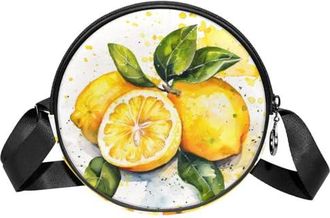 Generic Petit sac &agrave; bandouli&egrave;re rond pour femme, motif peinture citron, sac &agrave; dos avec fermeture &eacute;clair, bretelles r&eacute;glables, sac &agrave; main rond d&eacute;contract&eacute; pour