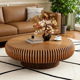 Generic Moderner Runder Geriffelter Couchtisch F&uuml;r Wohnzimmer Handgefertigter Trommel-Couchtisch Runde Mitteltische Mit Stabilem Sockel Geriffelte Runde Beist