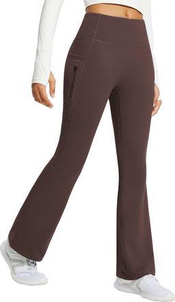 Baleaf Damen Fleece Lined Thermo Yogahose Bootcut Flare Leggings High Waist Warmhose Winterhose Cargohose mit Taschen Dunkelbraun 3XL