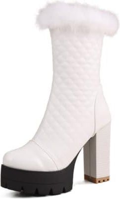Generic Bottes Mi-Mollet Chic avec Fourrure Femme Design Matelassé Talons Carrés Épais Chaussures Stylées Hiver Fêtes Casual,White Thick Fleece,35 EU