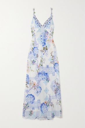 Camilla Maxikleid Aus Seiden-georgette Mit Blumenprint Und Zierperlen - Blau