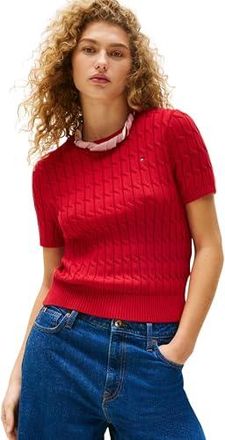 Tommy Hilfiger Pull Femme Cable Manches Courtes, Multicolore (Medium Red), L