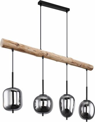 ETC Shop H&auml;ngelampe Holzlampe 4 flammig Glasschirm rauchfarben Pendelleuchte H&auml;ngeleuchte Wohnzimmerlampe, Metall Glas, schwarz natur, 4x E14 Fassungen, LxBxH