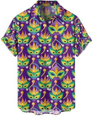 Generic Costume de carnaval pour homme - Chemise d&eacute;t&eacute; &agrave; manches courtes avec boutonni&egrave;re - Chemise de loisirs - Imprim&eacute; masque tendance - Chemise pour homme -