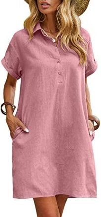 Zeagoo Robe dété en Lin pour Femme Longueur Genou Décontractée Manches Courtes Chemise Robe de Plage Robe mi-Longue avec Poches