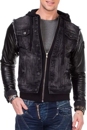 Cipo & Baxx Herren Hybrid-Denimjacke C-1290 Schwarz - Klassische Denim, Leder, Sport Verschiedene Jackenmodelle - Sweat-Kapuze und Sweatärmeln - mit Modernen Komf