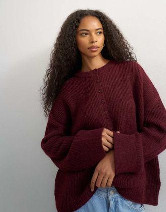 Topshop gestrickter Henley-Pullover in Burgunderrot-Grau