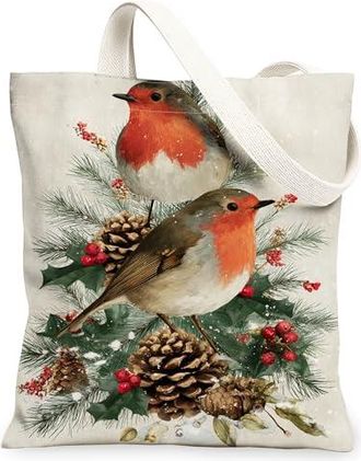 Generic Sacs fourre-tout en toile avec motif floral et pommes de pin rustiques, sacs d&eacute;picerie r&eacute;utilisables, l&eacute;gers et lavables en toile pour voyage, pique-n