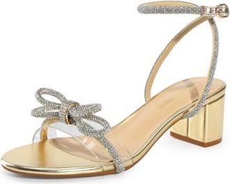 Dream Pairs Sandales &agrave; double noeud en cristal pour femme - Talons bas et &eacute;pais - Bride arri&egrave;re transparente - Pour mariage, f&ecirc;te de mariage, dor&eacute; clair, 37.5 EU