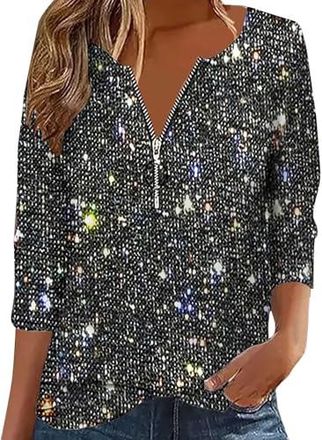 Generico Hauts scintillants pour femme - Chemises &agrave; paillettes de No&euml;l &eacute;l&eacute;gantes &agrave; volants - Tunique &eacute;l&eacute;gante &agrave; manches courtes - Col rond - Pull &agrave; paillettes 
