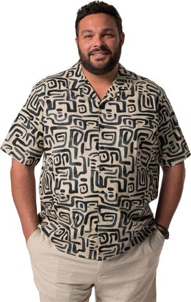Men Plus Herren gro&szlig;e Gr&ouml;&szlig;en Menswear L-8XL Men+ Leinenmix-Hemd, Halbarm, Cubakragen, Alloverdruck, Cuba Fit, bis 8 XL Hellbeige 4XL 837953156-4XL