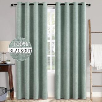 Miulee Rideaux Opaques Isolants Thermiques avec Oeillets en Lin 100% Occultants - Protection Contre Le Froid pour Le Salon - Lot de 2, 140 x 225 cm, Vert dEa
