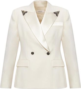 Versace Blazer en Laine Stretch &agrave; Revers Brod&eacute; - Femme - Vestes - Beige - Taille: 40 FR