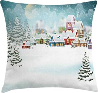 Abakuhaus Weihnachten Kissenbezug, Schnee Stadt Winterurlaub, mit Rei&szlig;verschluss Waschbar Beidseitiger Digitaldruck Klare Farben Hochwertige Stoff, 40 x 40 cm, 