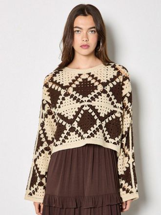 Apricot Strickpullover Kurzer Pullover mit H&auml;kelrauten
