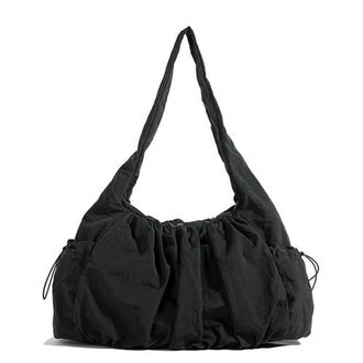 Generic Femmes Nylon Sac Aisselles Pliable Sac &agrave; Glissi&egrave;re Sac Hobo Portefeuilles pour les achats quotidiens de voyages pour les achats quotidiens, Noir, 15.7