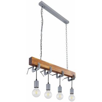 Globo Lighting Suspension bois lampe de table &agrave; manger cuisine suspension r&eacute;tro plafonnier vintage suspension 4 flammes, pince &agrave; vis m&eacute;tal galvanis&eacute;, E27, LxH 85x