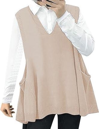 Generic Pull sans manches pour femme - Gilet en tricot surdimensionn&eacute; avec poches - Col en V - Gilet en tricot - Couleur unie - D&eacute;bardeur d&eacute;contract&eacute; pour fem