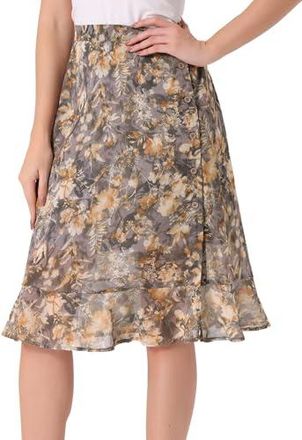 Allegra K Femmes Jupe Mi-Longue Fendue Fleurie Volants Boutons dans Dos Gris M